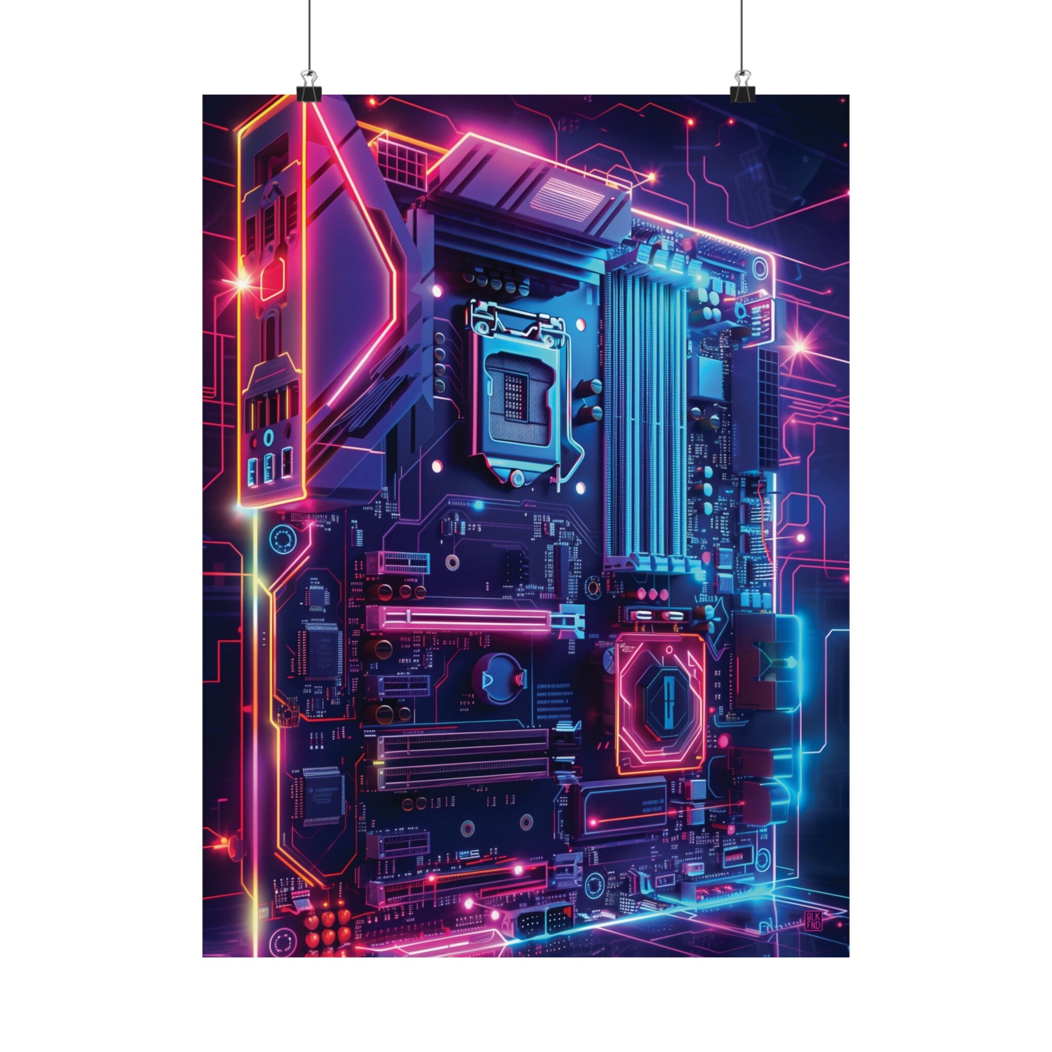 Epic Gamer Poster, PC Motherboard Technical Drawing, Retro Neon ...