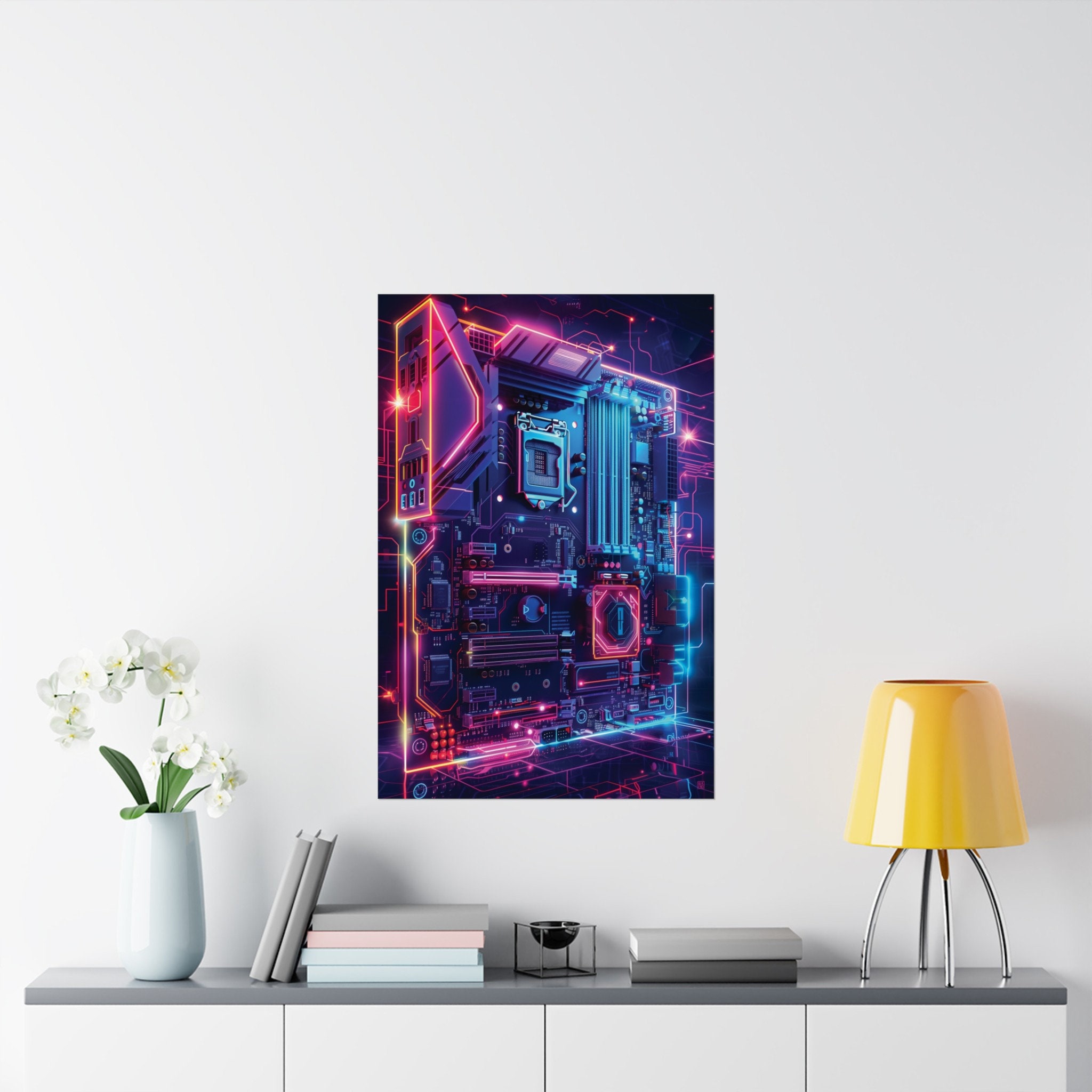 Epic Gamer Poster, PC Motherboard Technical Drawing, Retro Neon ...