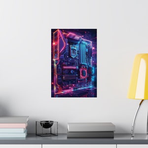 Epic Gamer Poster, PC Motherboard Technical Drawing, Retro Neon ...