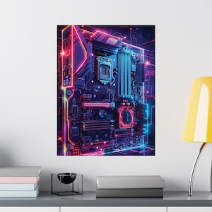 Epic Gamer Poster, PC Motherboard Technical Drawing, Retro Neon ...