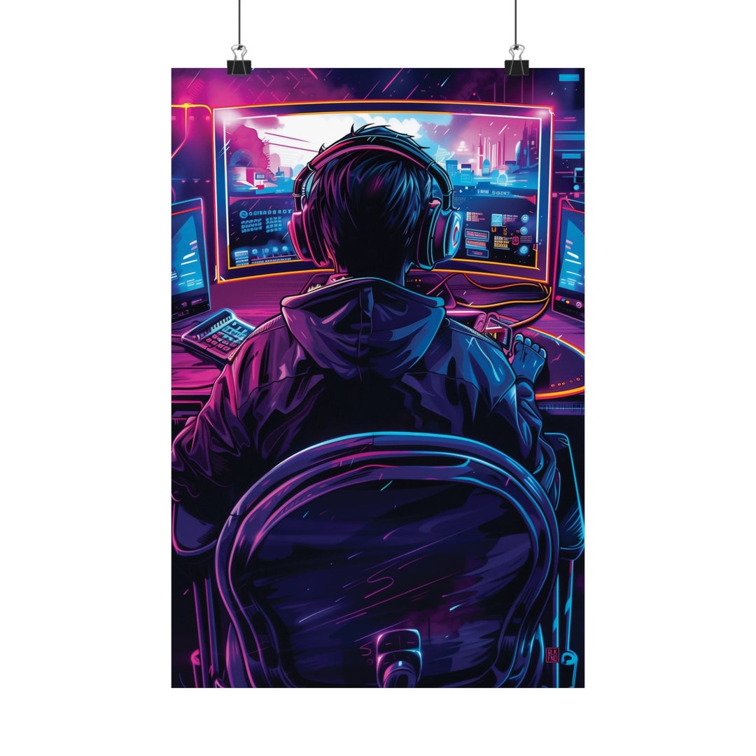 Epic Gamer Poster, PC Gamer Playing at Desk, Retro Neon Cyberpunk Art ...