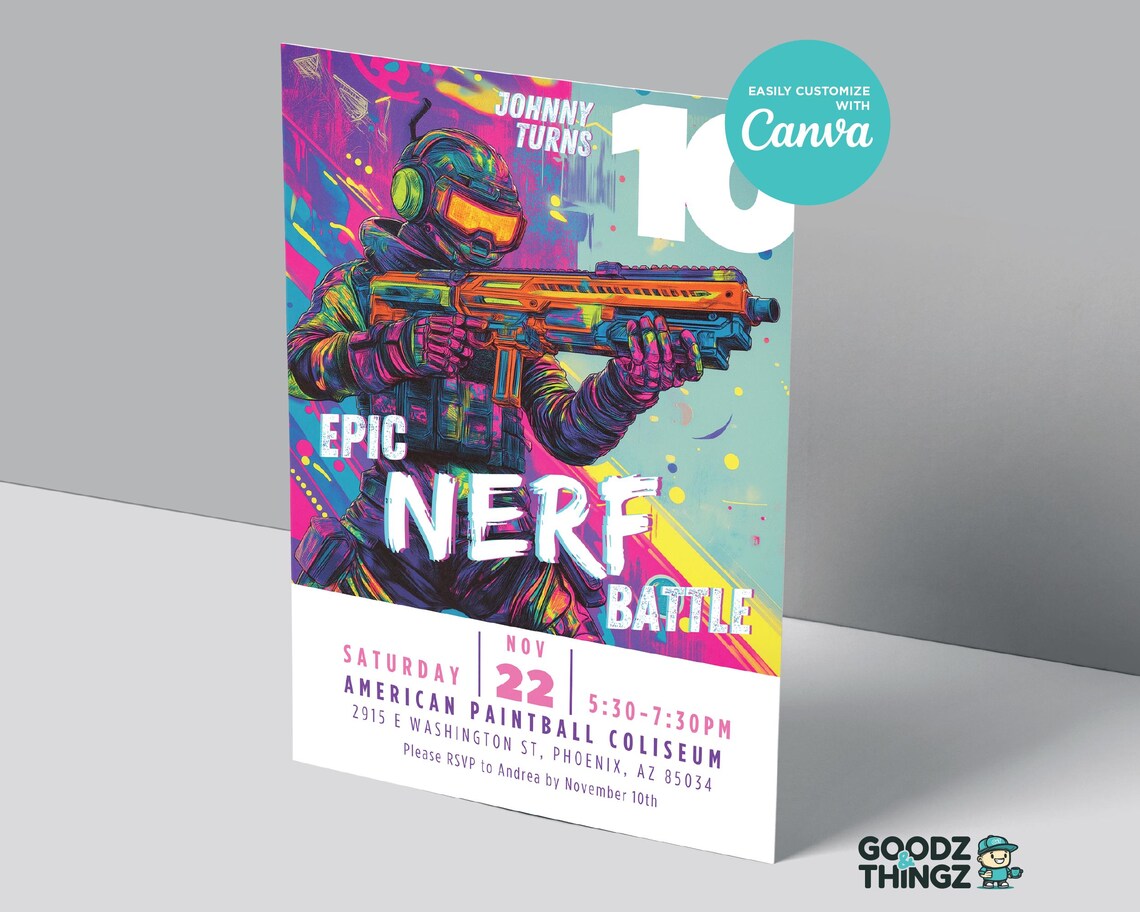 Nerf Battle Birthday Invitation Template, Customizable Canva (digital ...