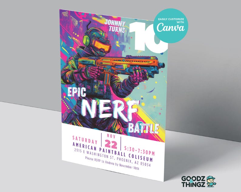 Nerf Battle Birthday Invitation Template, Customizable Canva (digital ...
