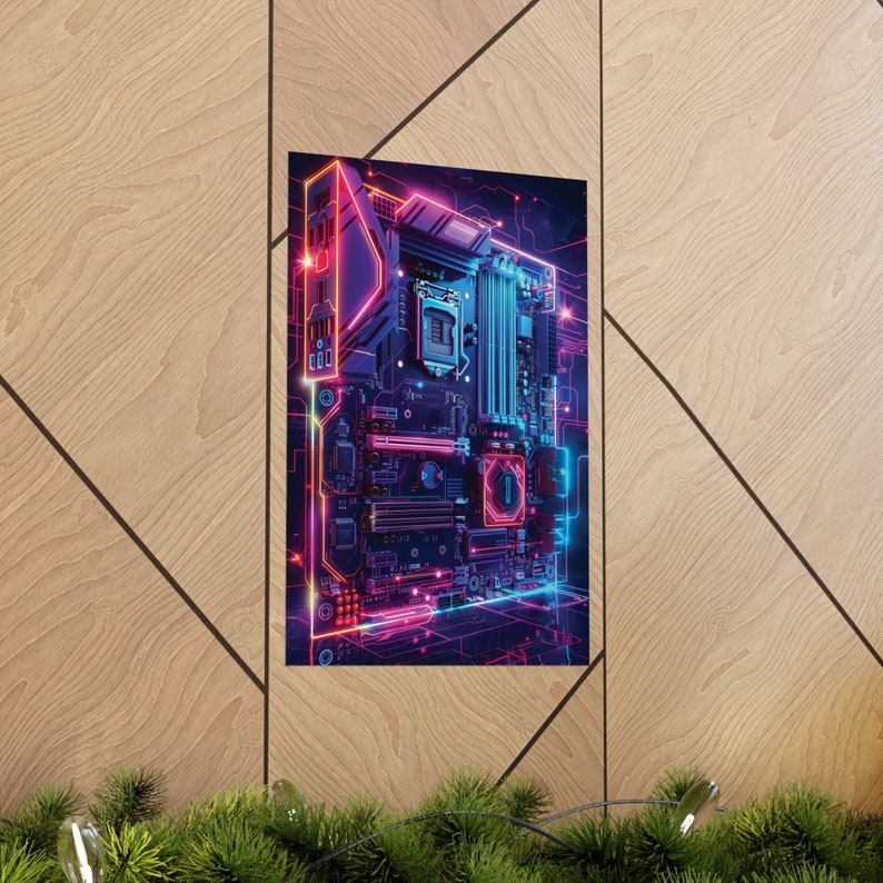 Epic Gamer Poster, PC Motherboard Technical Drawing, Retro Neon ...