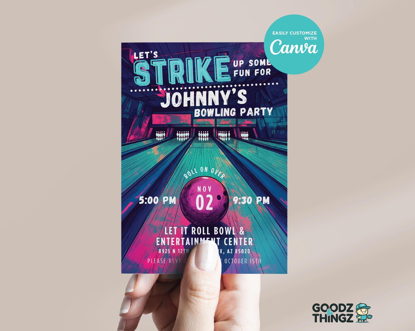 Bowling Birthday Party Invitation Template, Editable Canva (digital ...