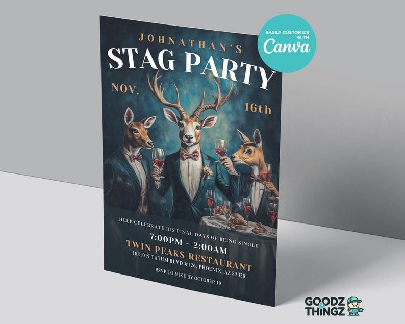 Stag Party Bachelor Invitation Template, Funny Animal Theme, Editable ...