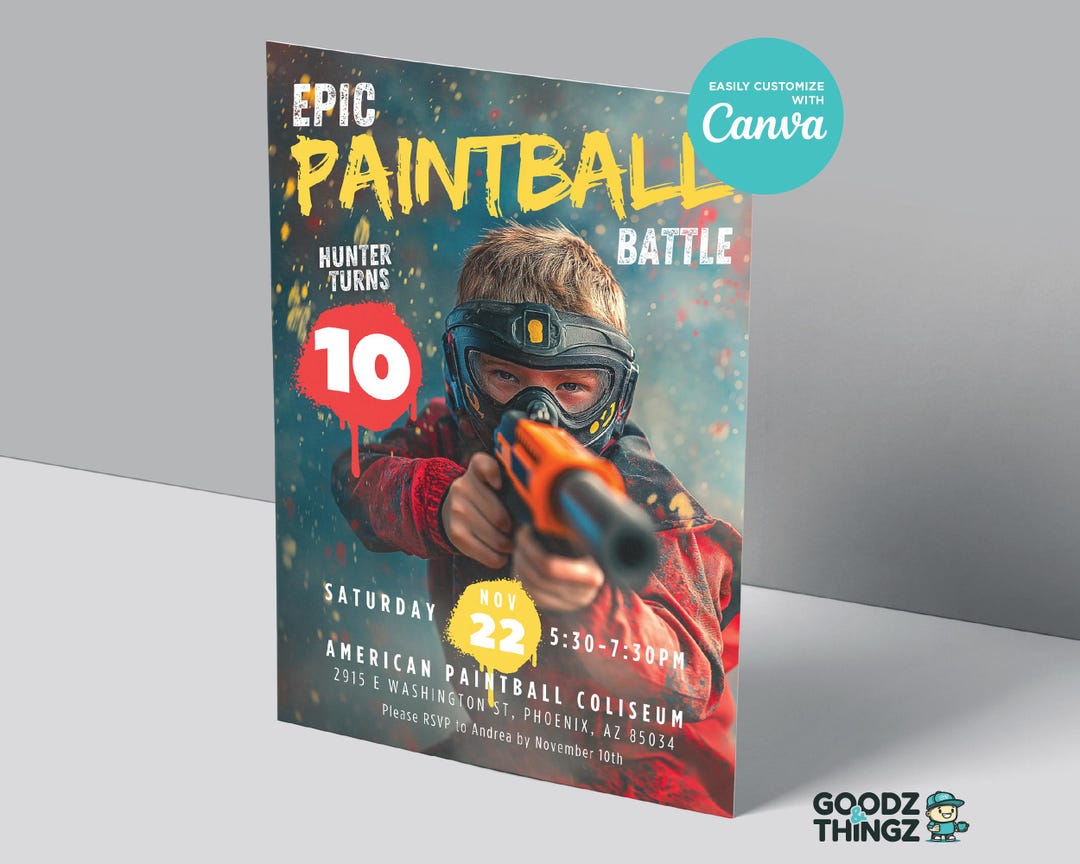 Paintball Birthday Invitation Template, Editable Canva Design (digital ...