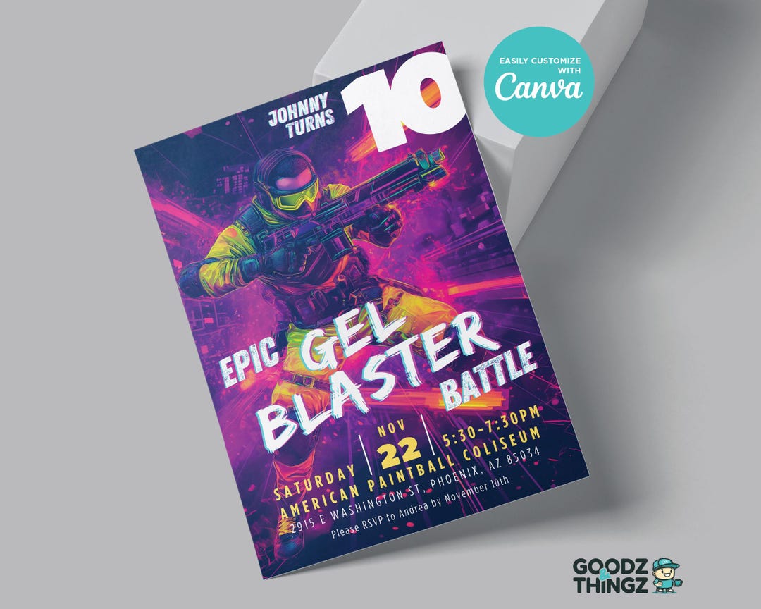 Gel Blaster Battle Birthday Invitation, Editable Canva Template ...