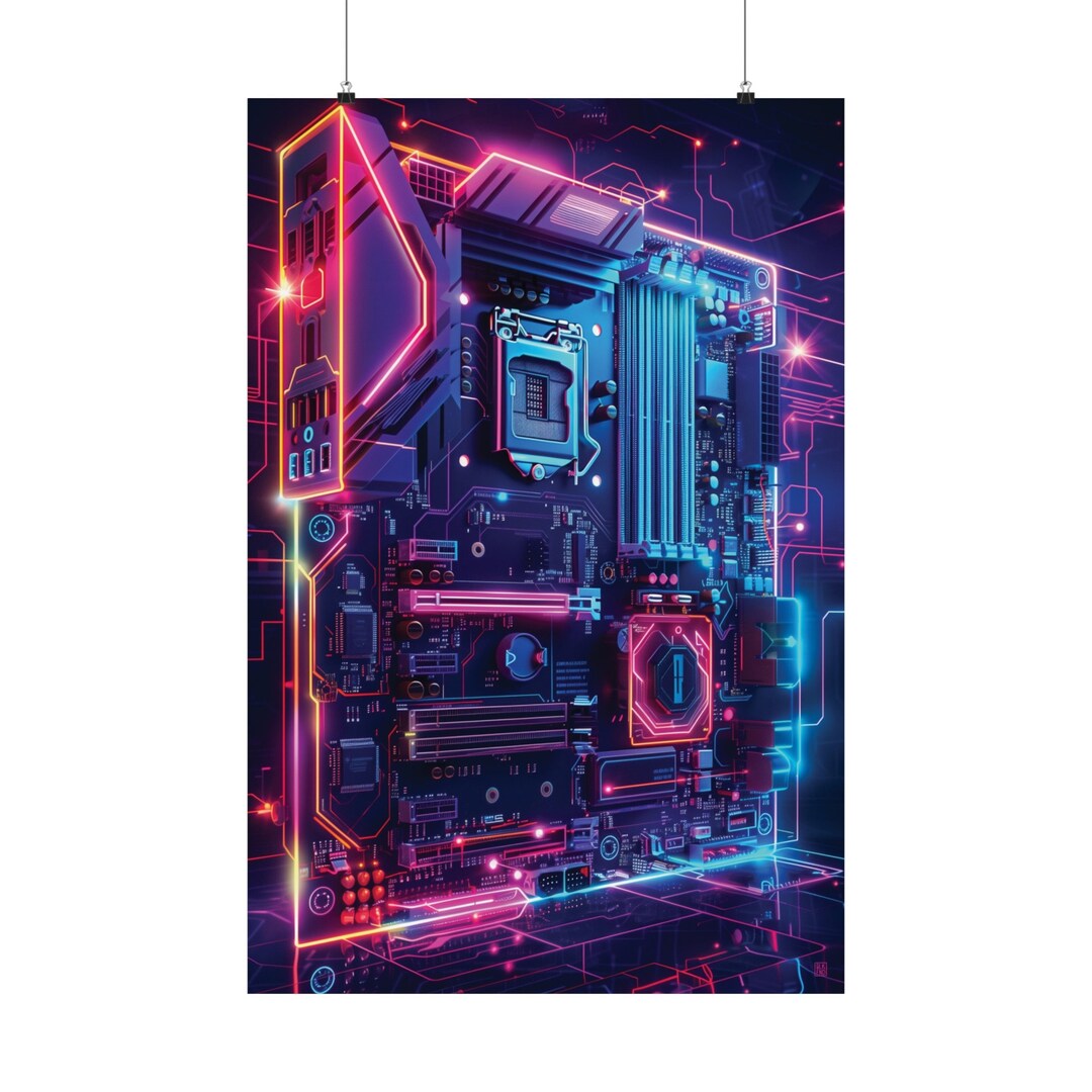 Epic Gamer Poster, PC Motherboard Technical Drawing, Retro Neon ...