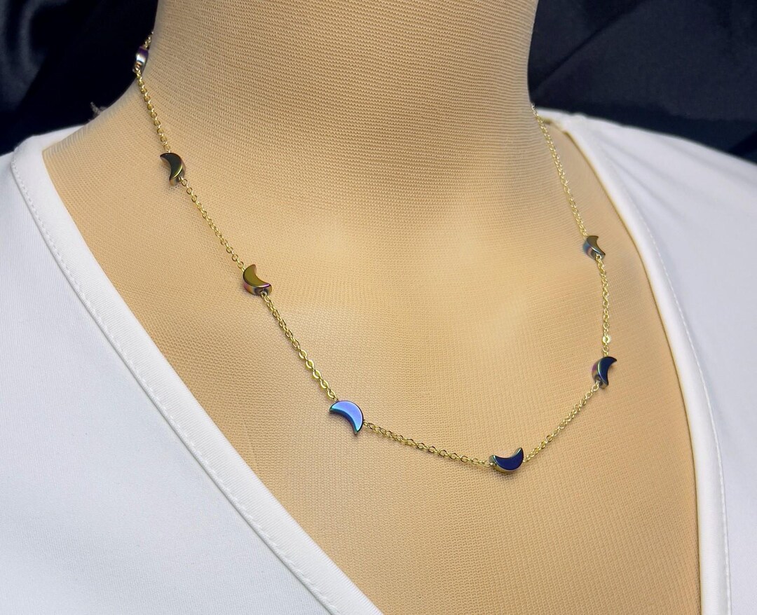 Hematite Crescent Moon Necklace, 24K Gold Plated Chain, Minimalist ...