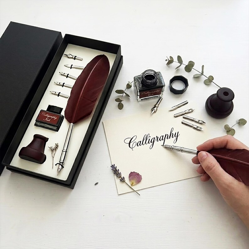 Feather Quill Pen Calligraphy Set With Wood Stand & Black Ink (5 Nibs ...