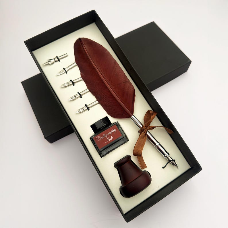 Feather Quill Pen Calligraphy Set With Wood Stand & Black Ink (5 Nibs ...