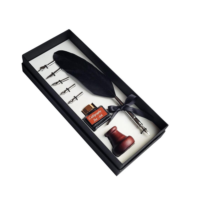 Feather Quill Pen Calligraphy Set With Wood Stand & Black Ink (5 Nibs ...