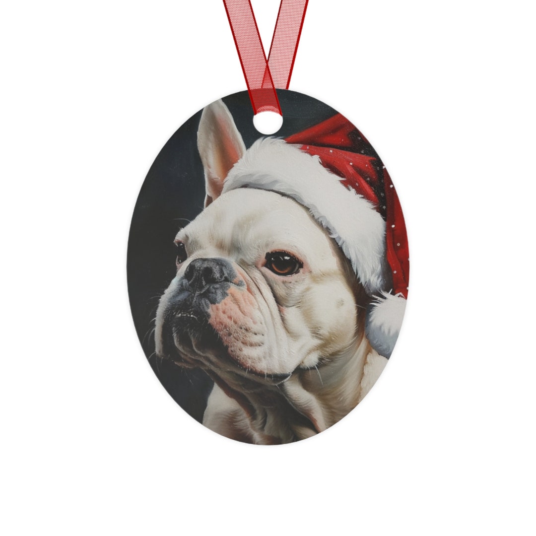 White French Bulldog Christmas Ornament, Metal With Ribbon, Round or ...