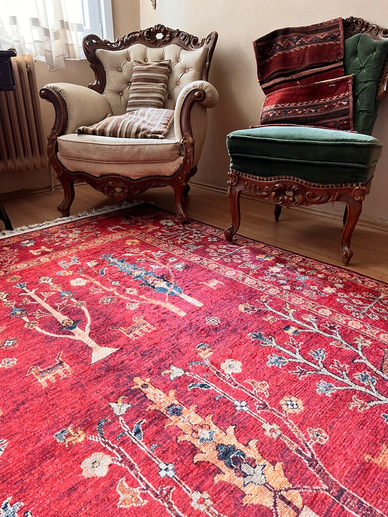 Vintage Style Red Candlestick Pattern Rug, Oriental Rug, Animal Red ...
