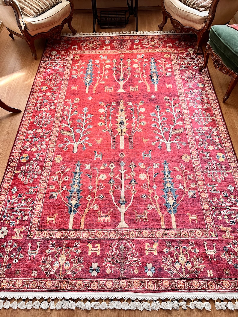 Vintage Style Red Candlestick Pattern Rug, Oriental Rug, Animal Red ...