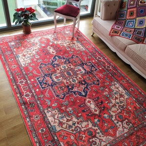 Vintage Turkish Style Red Rug: Oriental Pattern, Non-slip Washable Area ...