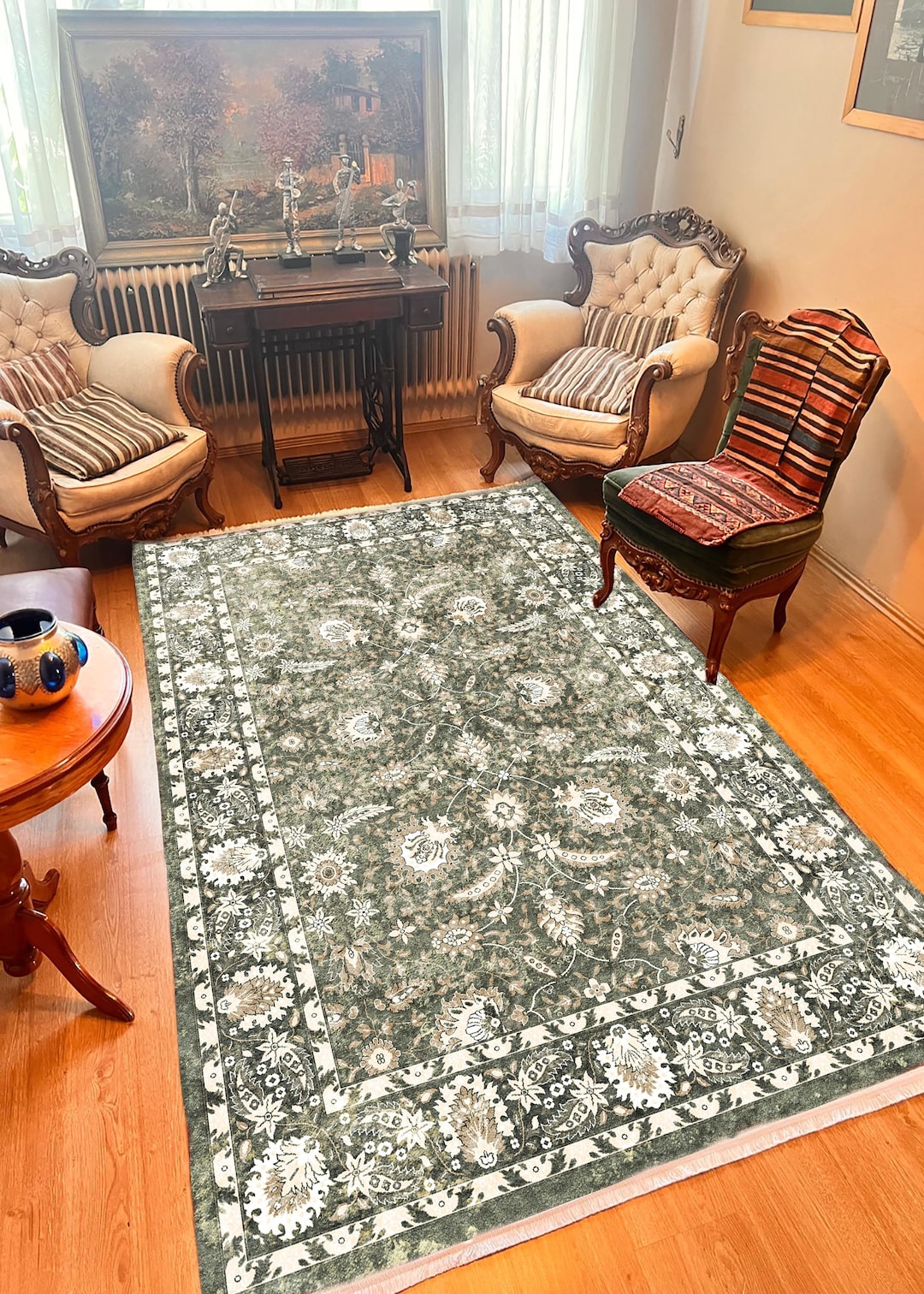 Green Floral Area Rug: Contemporary Flowers Patterned Carpet - Etsy