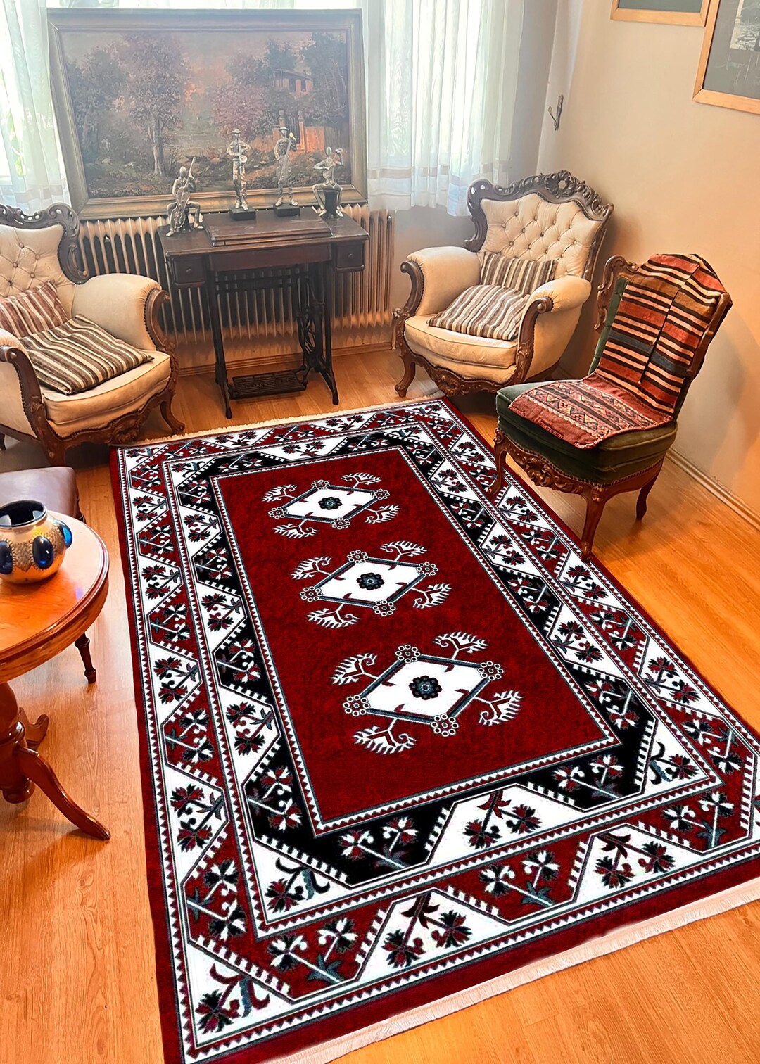 Red Geometric Area Rug: Washable Ethnic Oriental Design Pattern Carpet ...