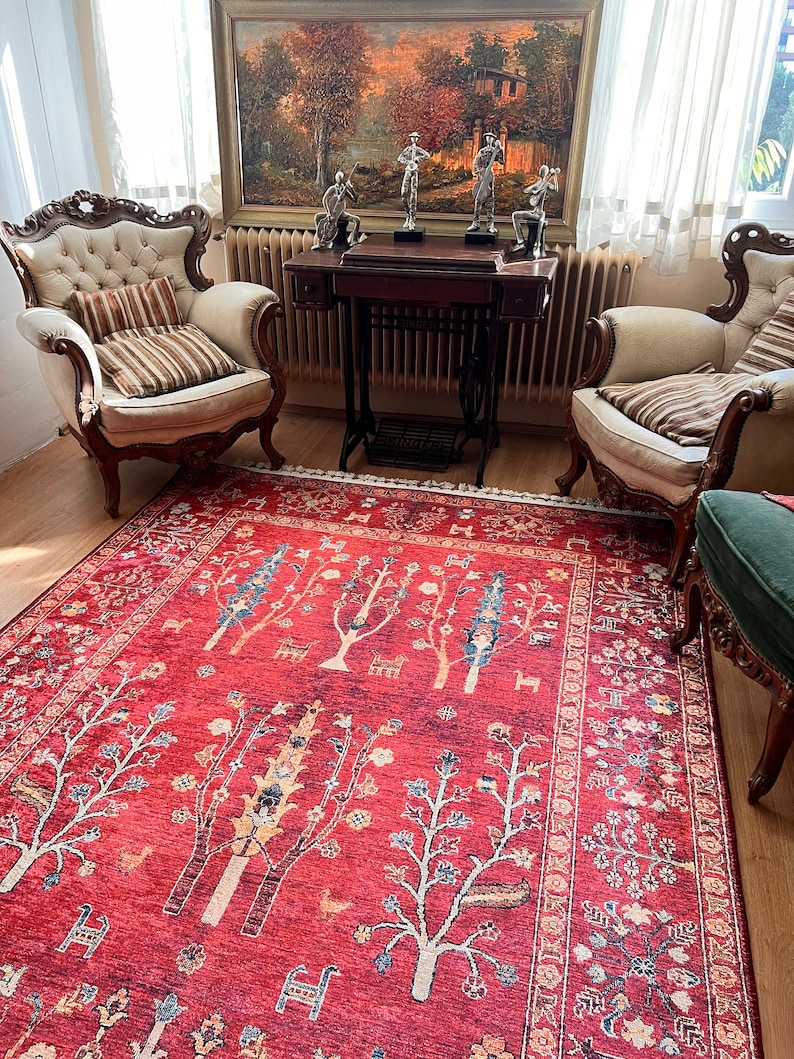 Vintage Style Red Candlestick Pattern Rug, Oriental Rug, Animal Red ...