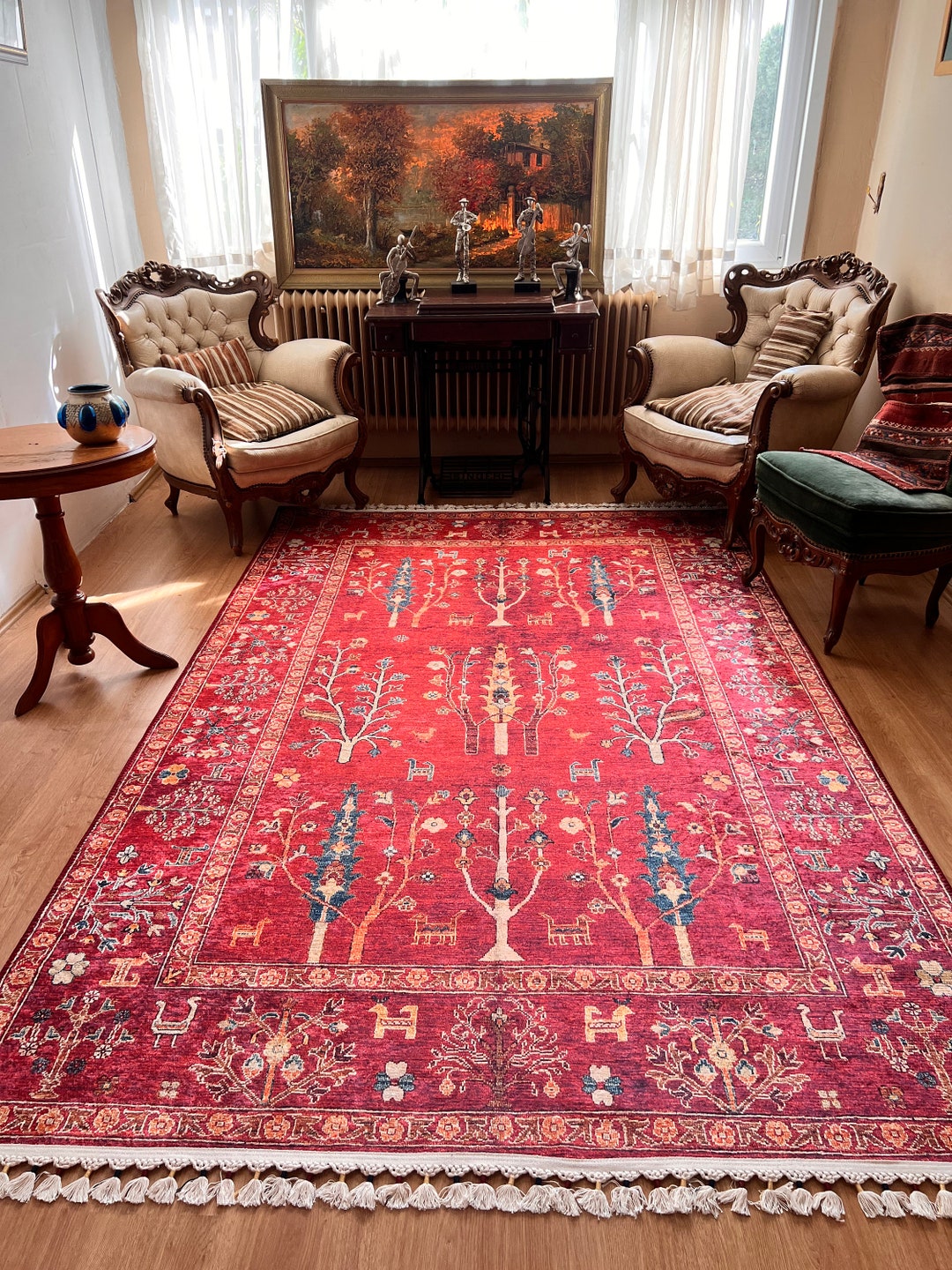 Vintage Style Red Candlestick Pattern Rug, Oriental Rug, Animal Red ...