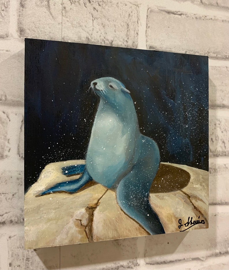 Mini Painting, Original Art, Sea Animal, Seal on a Rock, Hand Painted ...