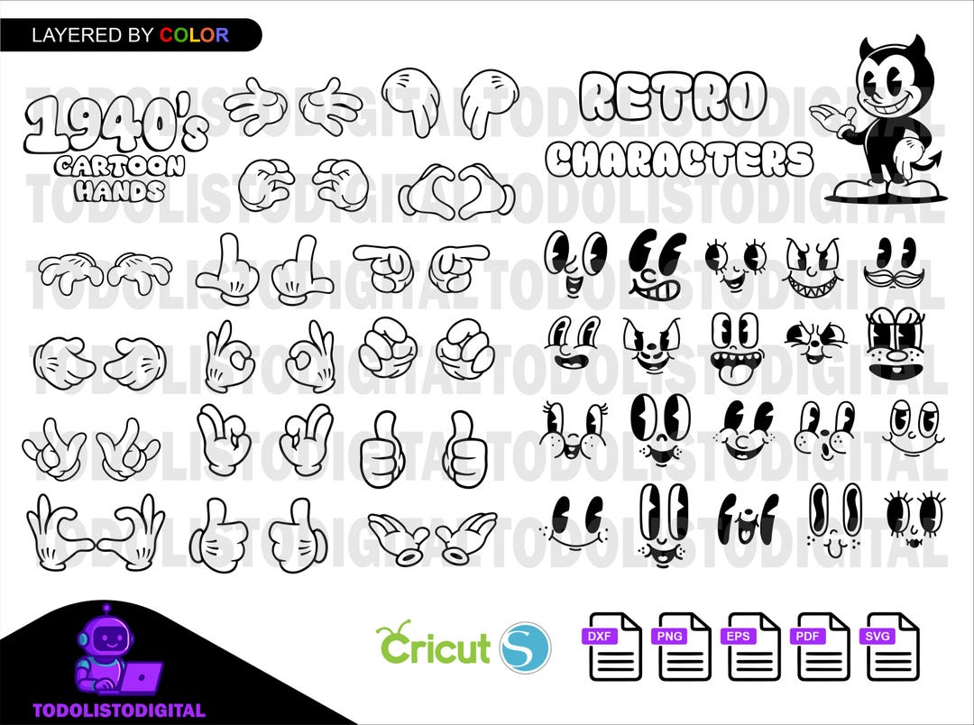 Rubber Hose Cartoon Faces SVG Bundle | 1930s Retro Vintage Character ...
