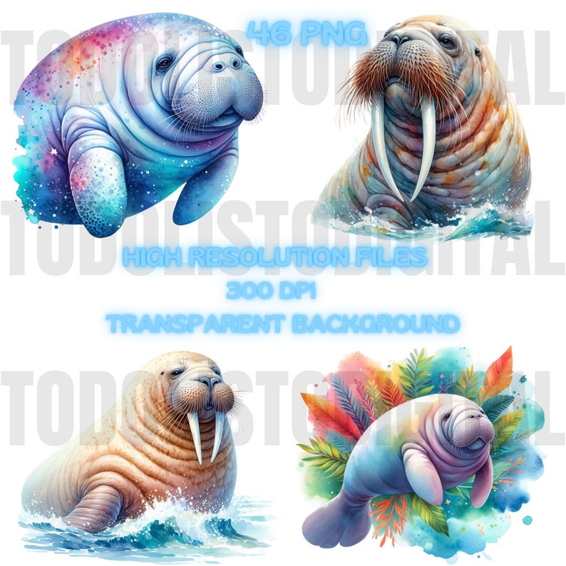 Watercolor Little Sea Animals Collection Clipart, 46 PNG Cliparts, Cute ...