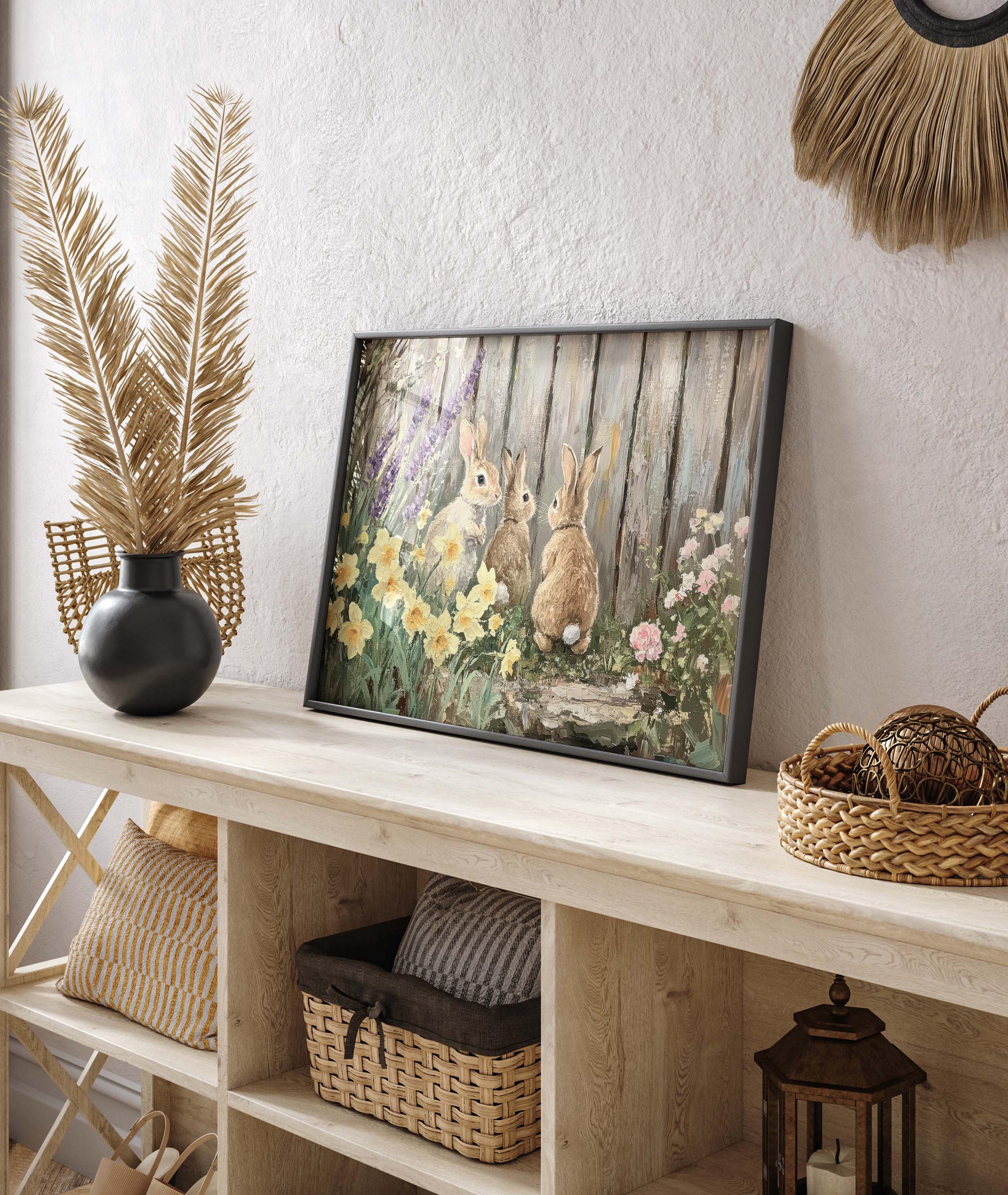 Rustic Easter Bunny Painting, Spring Garden Rabbit Art Print, Floral ...