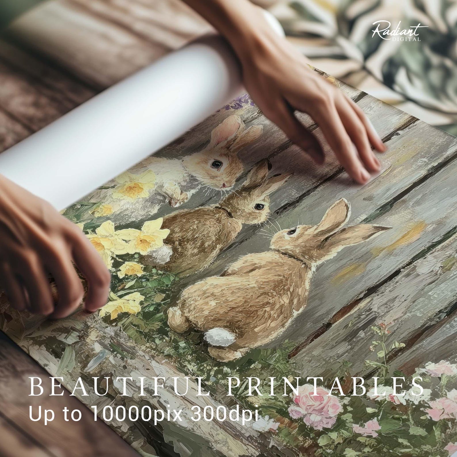 Rustic Easter Bunny Painting, Spring Garden Rabbit Art Print, Floral ...