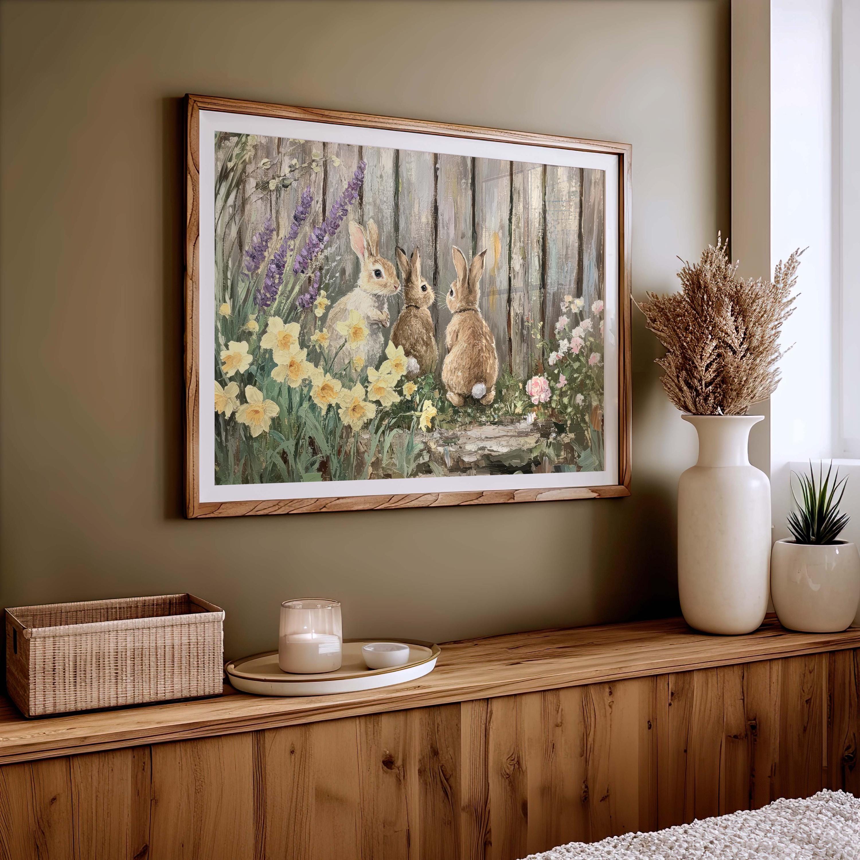 Rustic Easter Bunny Painting, Spring Garden Rabbit Art Print, Floral ...