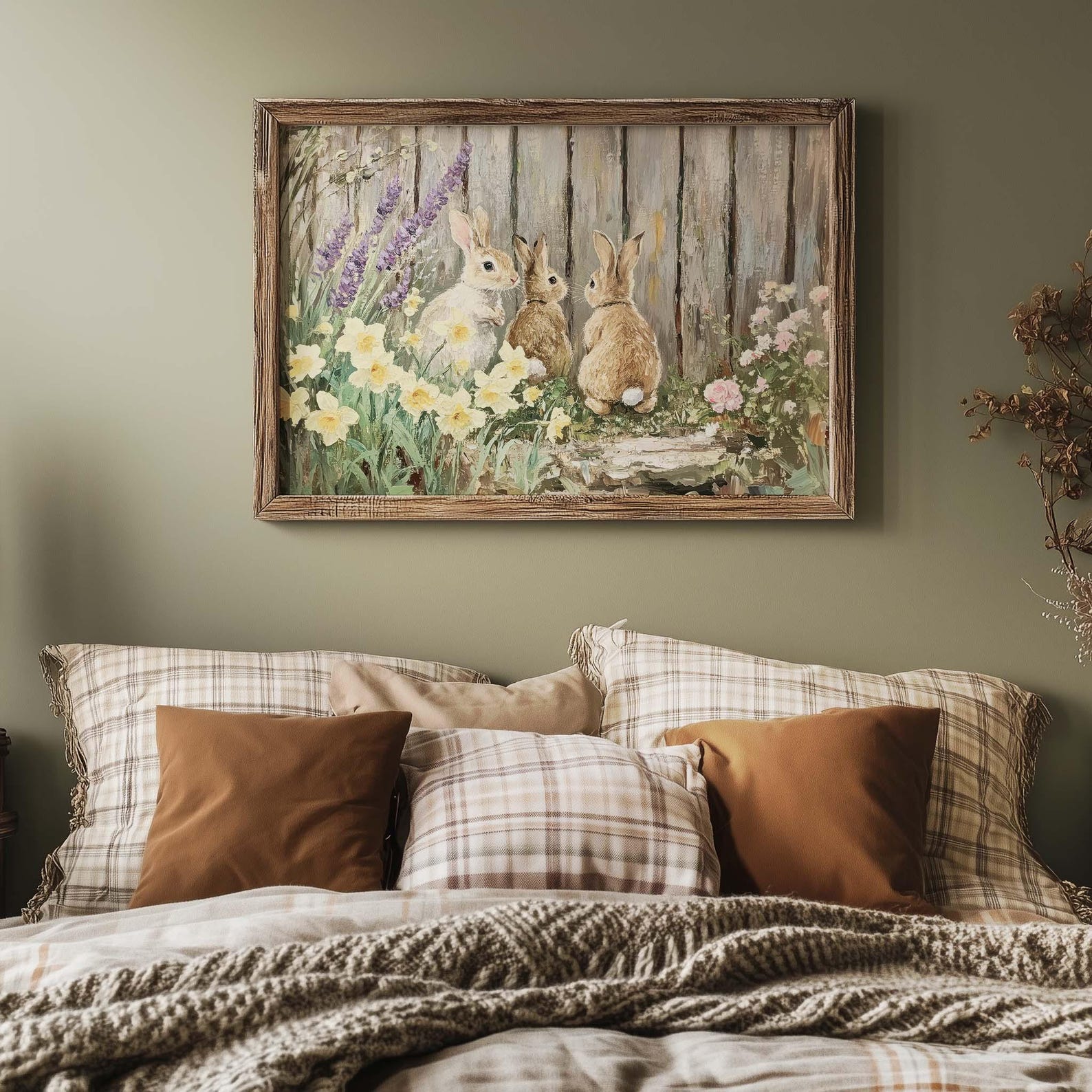 Rustic Easter Bunny Painting, Spring Garden Rabbit Art Print, Floral ...