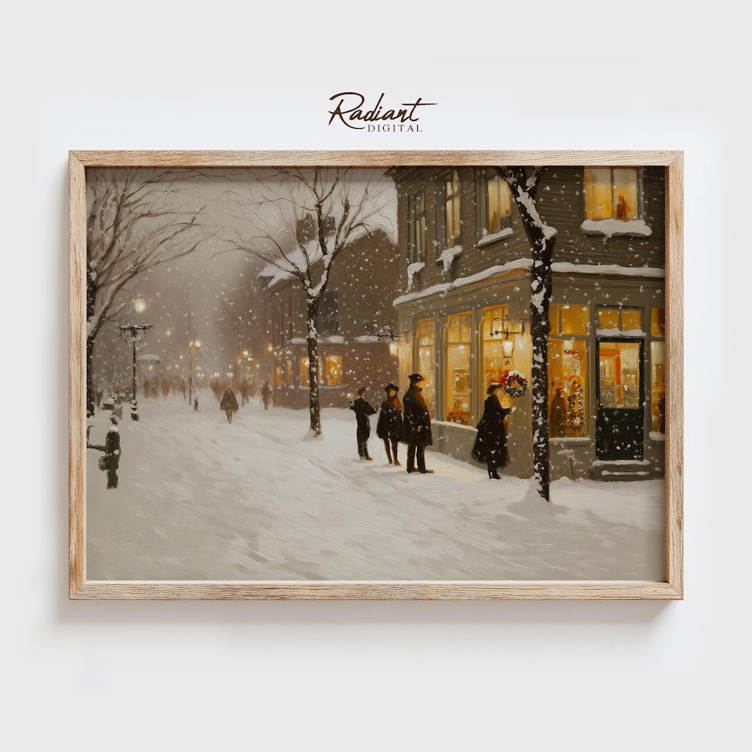 Vintage Snowy Street Printable, Warm Christmas Wall Art, Winter Town ...