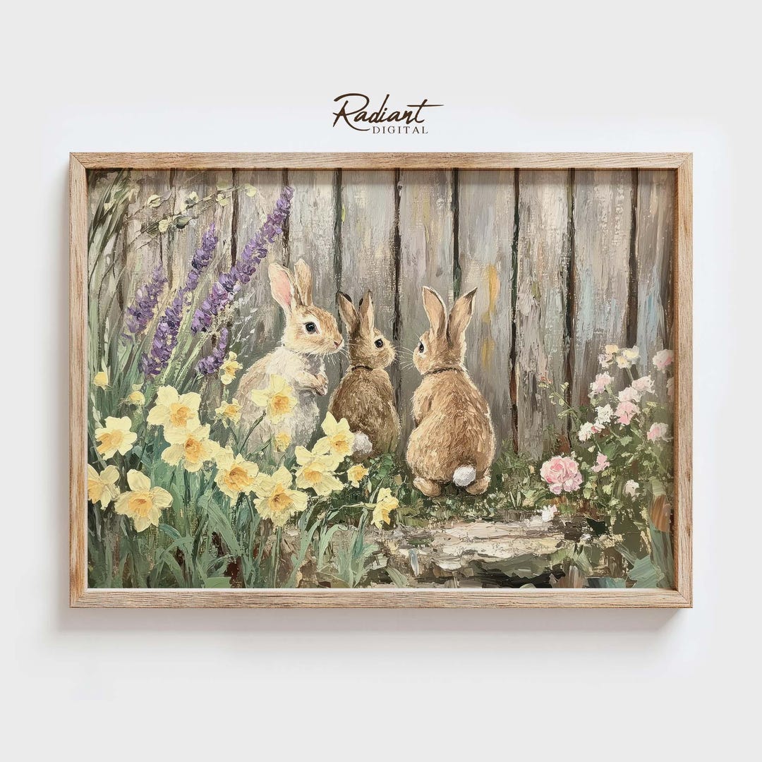 Rustic Easter Bunny Painting, Spring Garden Rabbit Art Print, Floral ...
