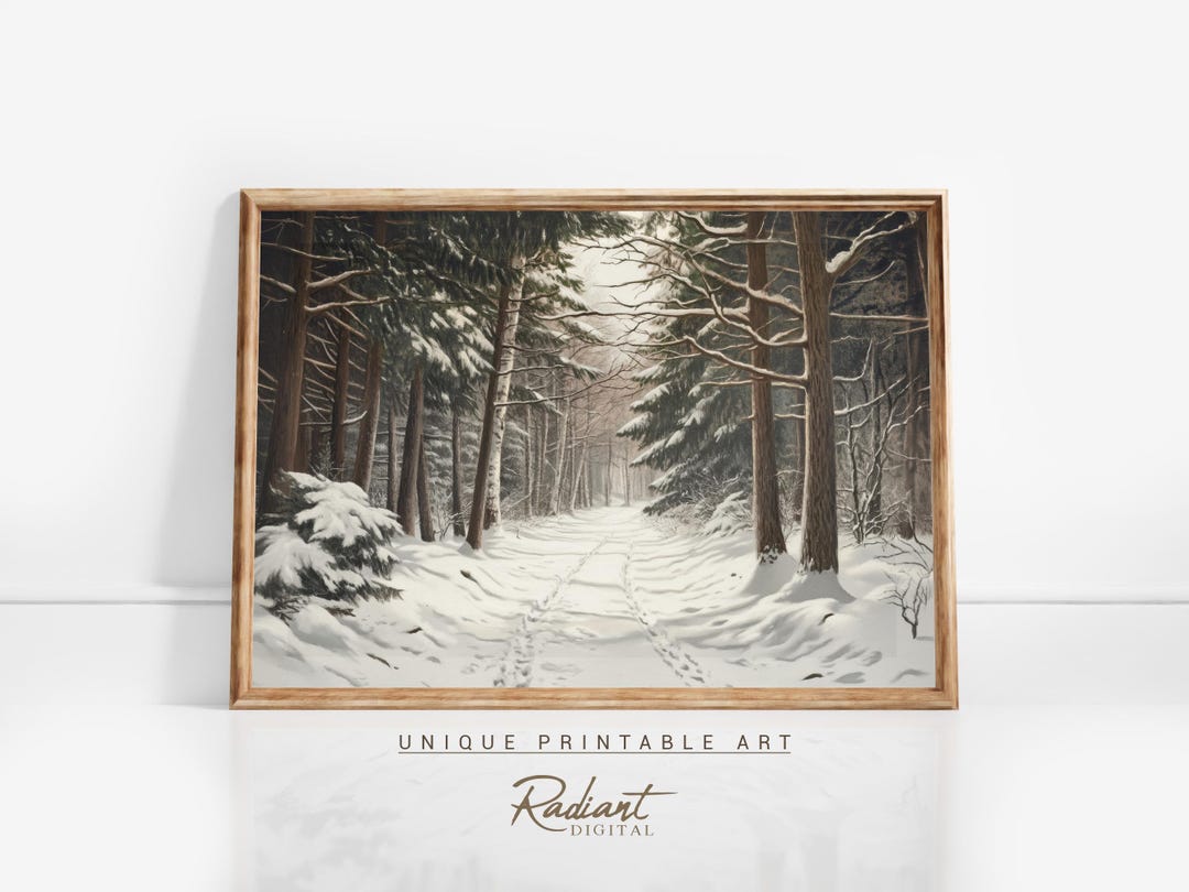 Printable Winter Forest Path Art, Snowy Woods Printable, Rustic Winter ...