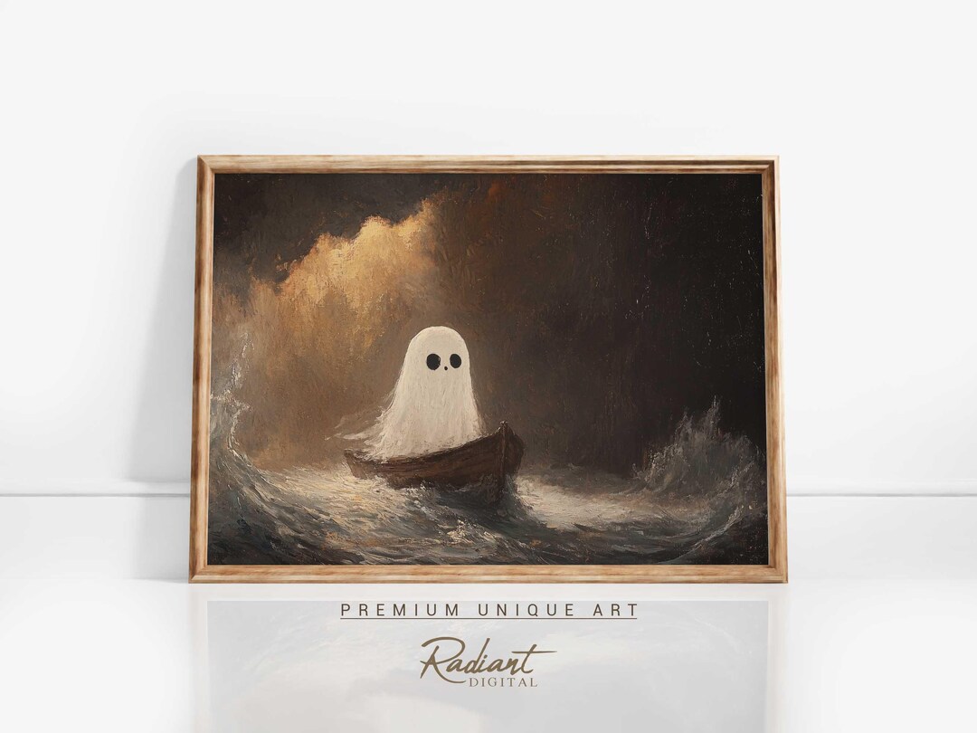 Cute Ghost Wall Art, Spooky Ocean Scene Print, Whimsical Ghost at Sea ...