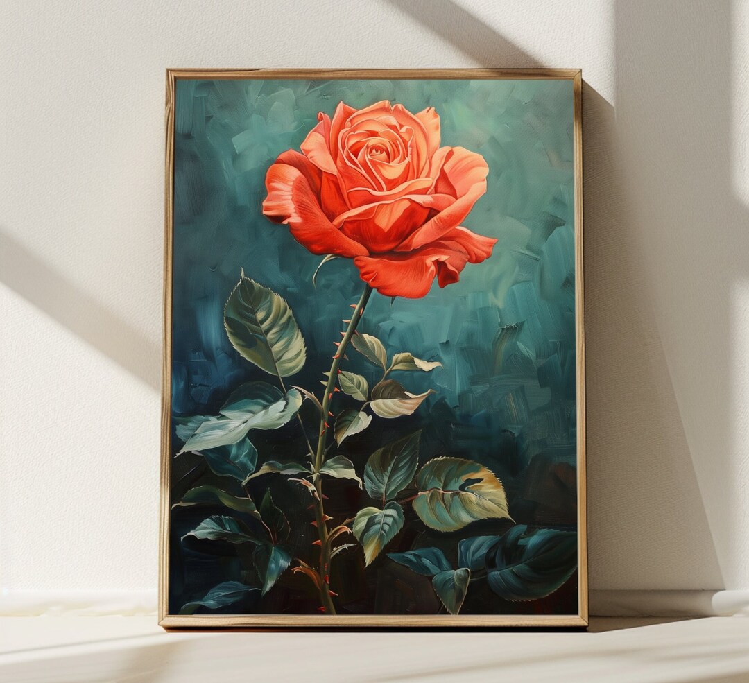 PRINTABLE Blooming Red Rose Flower, Vintage Art Style Oil Painting ...