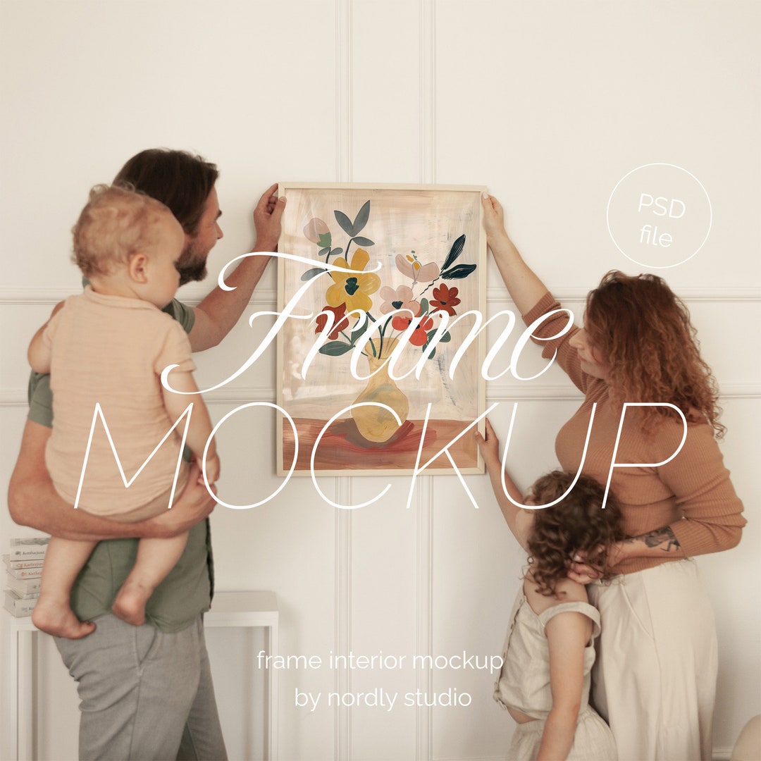 Glass Frame Mockup With Family, DIN A Ratio, Thin Wood Frame, PSD ...