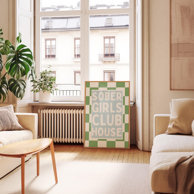 Sober Girls Clubhouse Unframed Poster, Trendy Wall Art, Checkered Wall ...