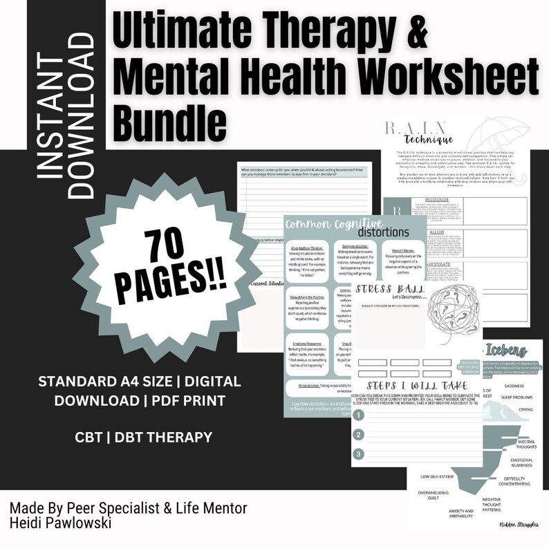 Inner Strength Mental Health Worksheet Bundle, CBT Printable Worksheets ...
