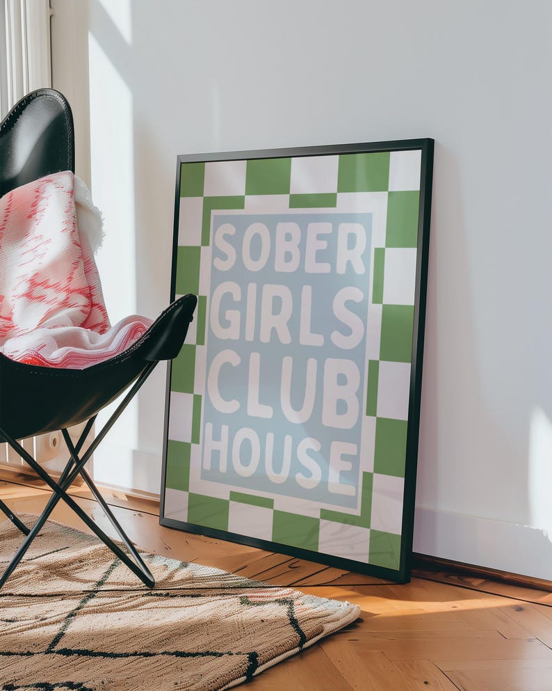 Sober Girls Clubhouse Unframed Poster, Trendy Wall Art, Checkered Wall ...