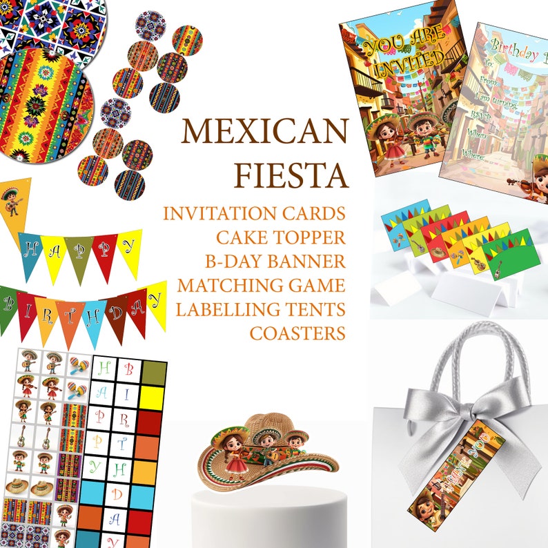 Fiesta Fun Birthday Party Printable Set DIY Kit Invitation Card, Cake ...