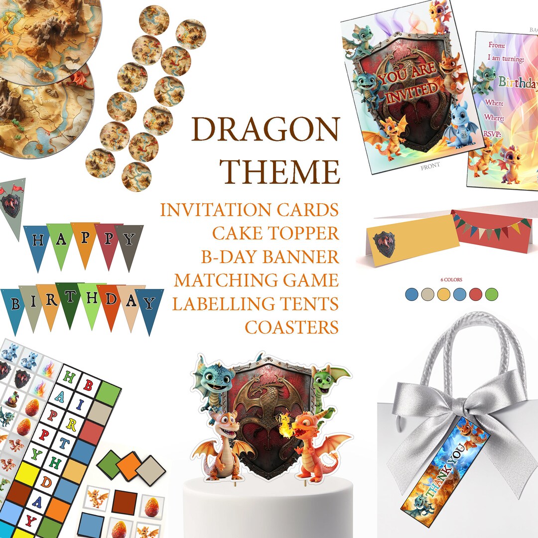 Dragon Birthday Party Printables - DIY Party Kit - Invitation Card ...