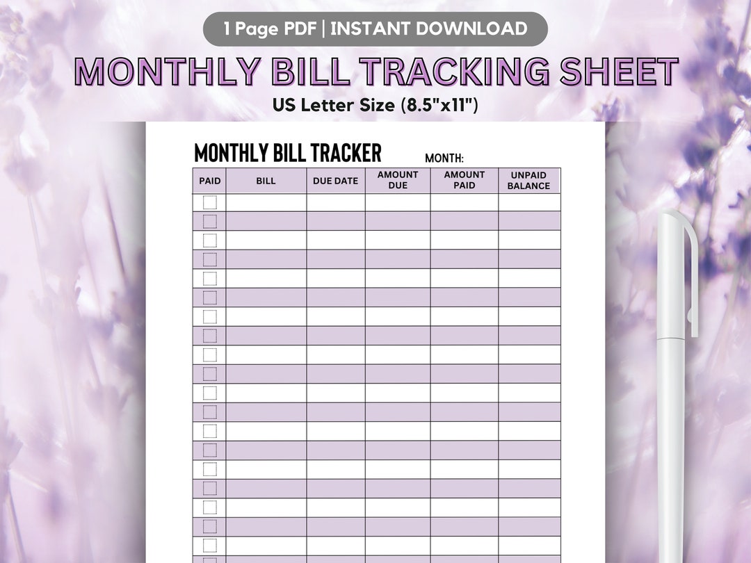 Monthly Bill Payment Tracker, Expense Log, Printable Expense Tracker ...
