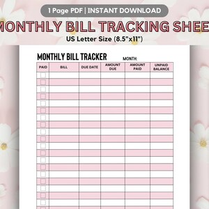 Monthly Bill Payment Tracker, Expense Log, Printable Expense Tracker ...