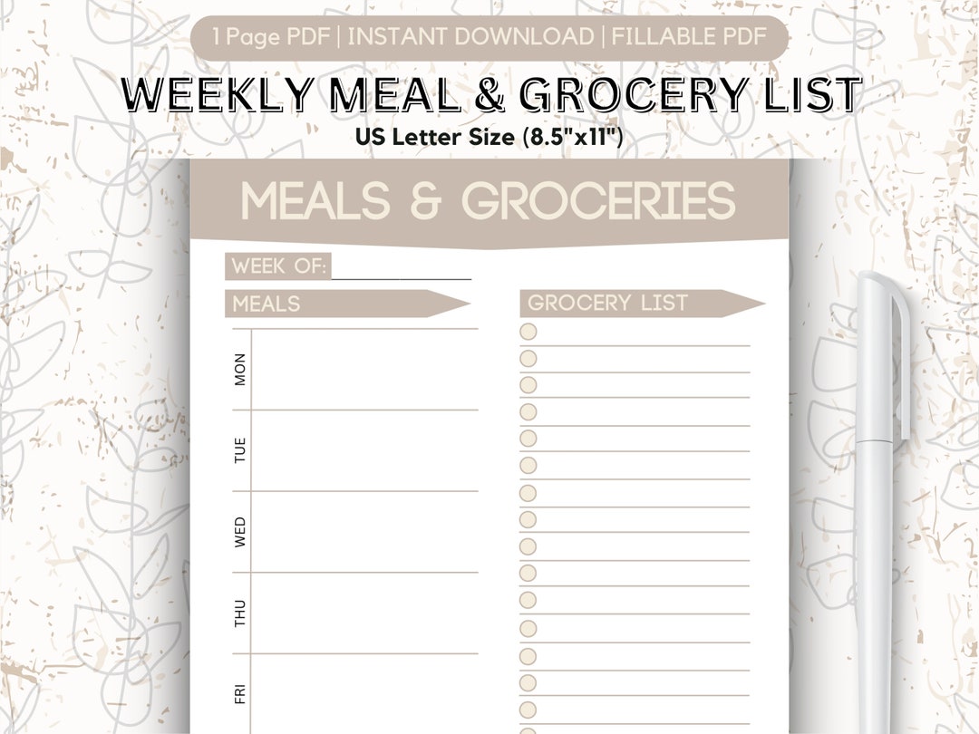 Weekly Meal Planner With Grocery List, Food Planner, Weekly Menu Plan ...