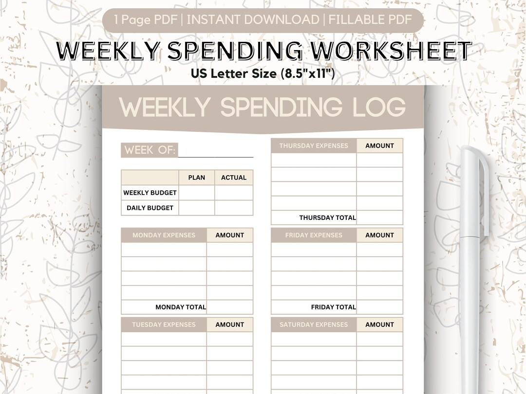 Weekly Spending Worksheet, Weekly Budget, Weekly Expense Log, Budget ...