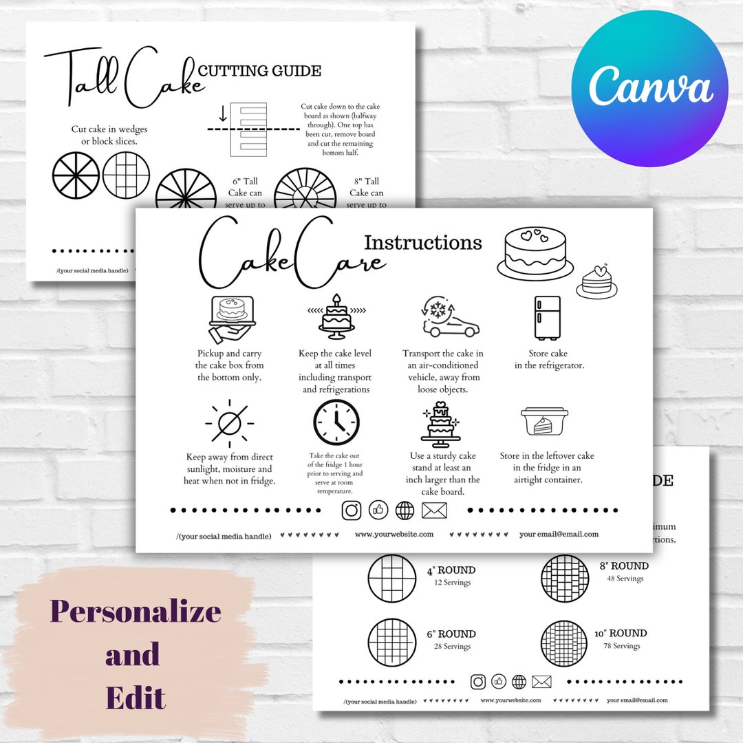 Cake Care Card Template Instructions, Canva Editable Cake Care Cards ...
