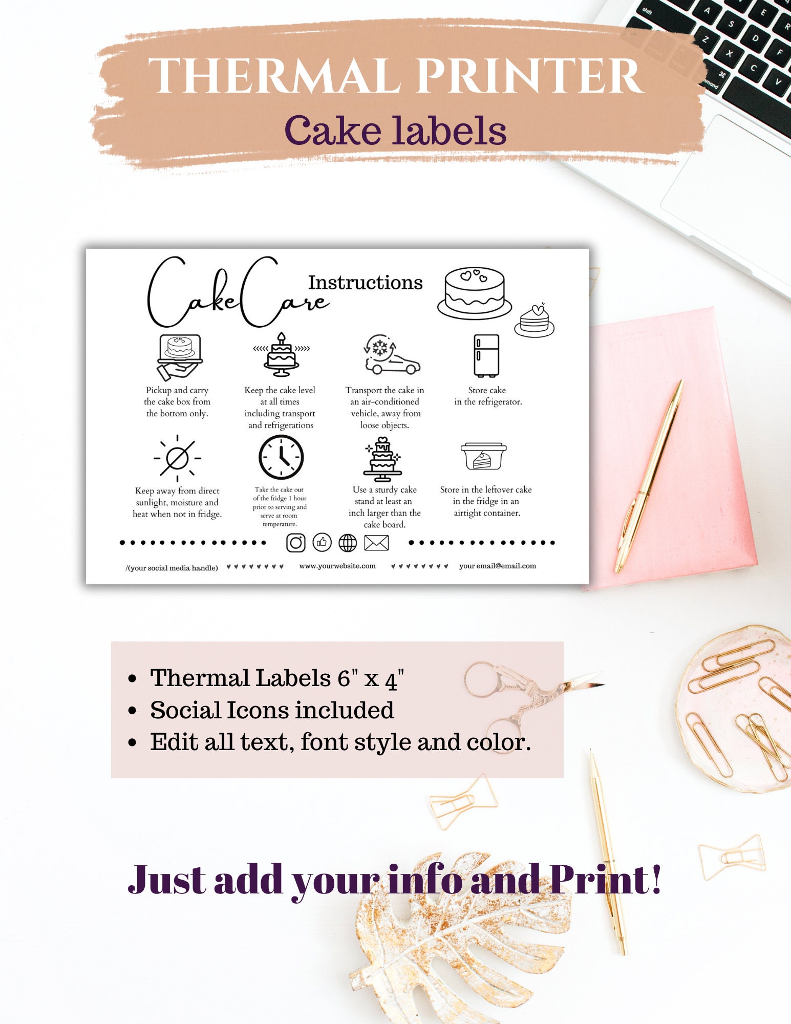 Cake Care Card Template Instructions, Canva Editable Cake Care Cards ...
