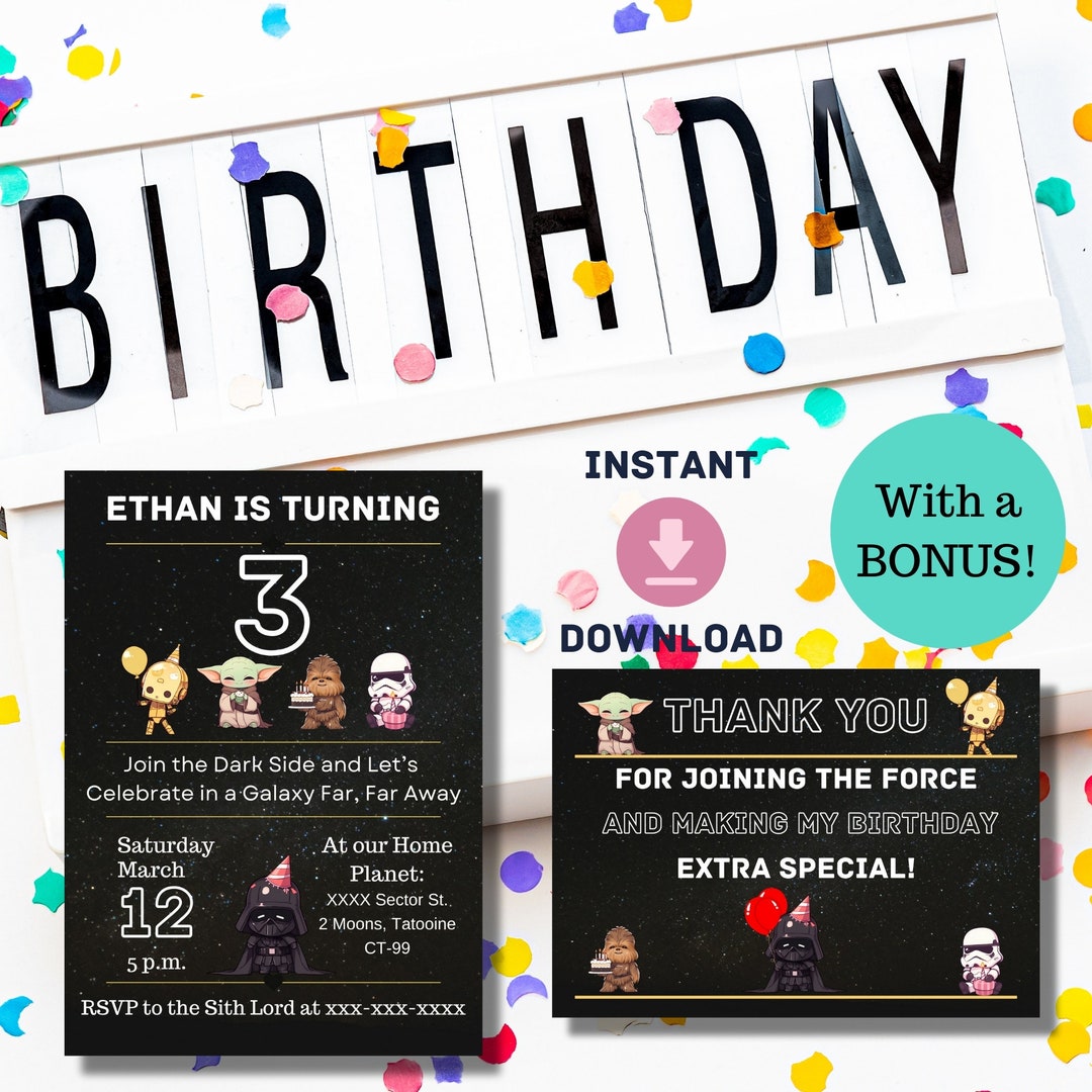 Editable Star Wars Birthday Invitation Template With Thank You Card ...
